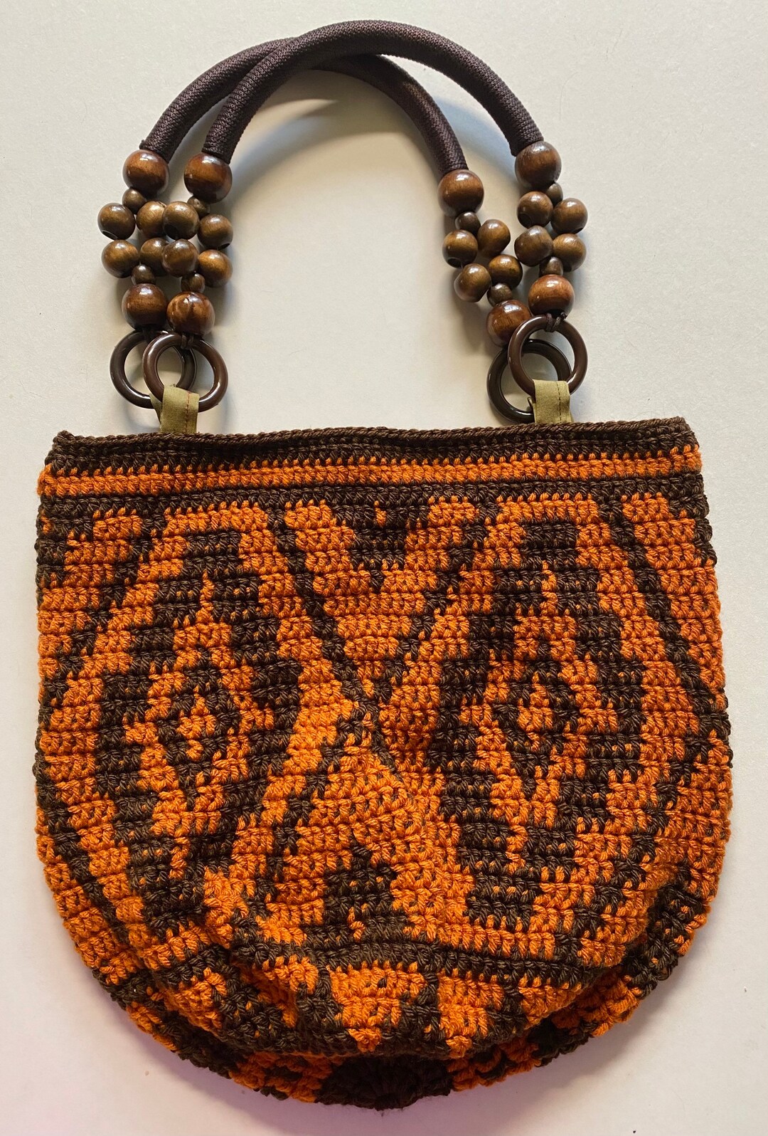 Santa Fe Aztec Tapestry Crochet Handmade Rust Brown Wood Bead Handles ...