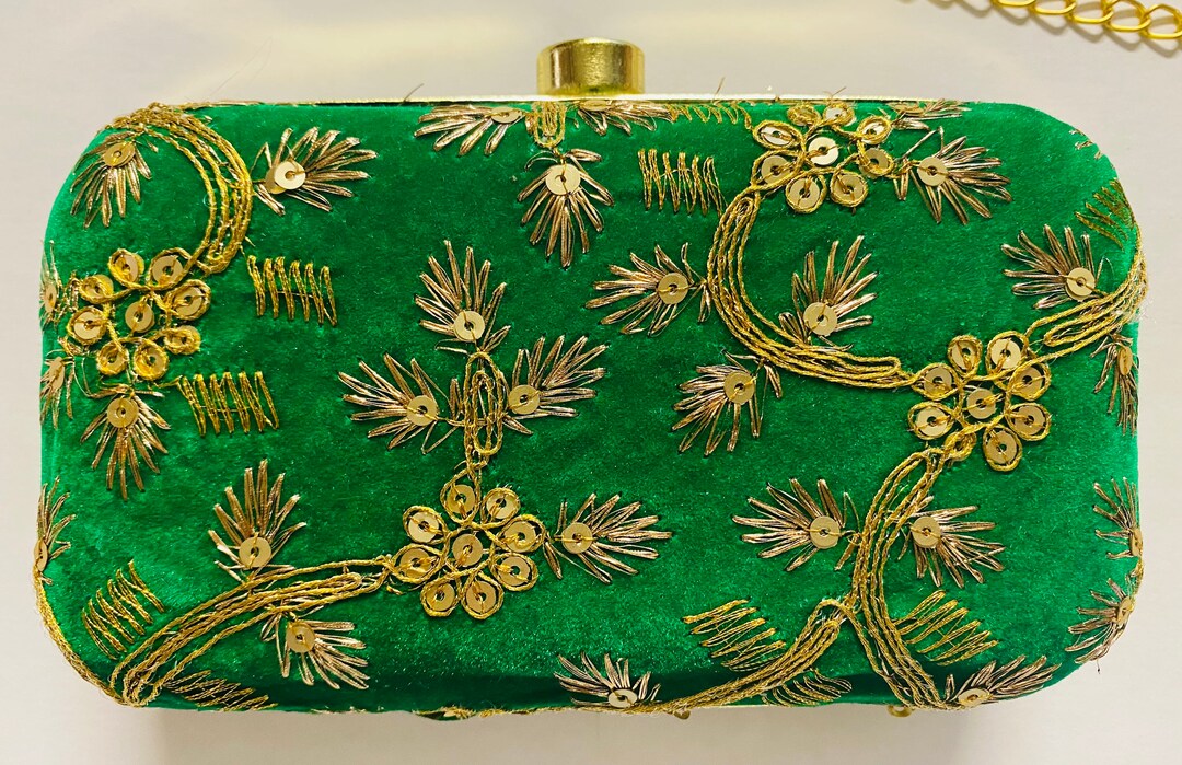 Green GOLDEN Velvet Box Clutch Purse Hard Case PARTY Evening Bag ...