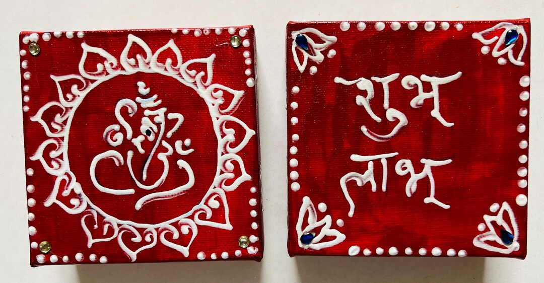 Ganesh SHUBH LABH Mini Acrylic Painting Canvas Original Aum on Hindu ...