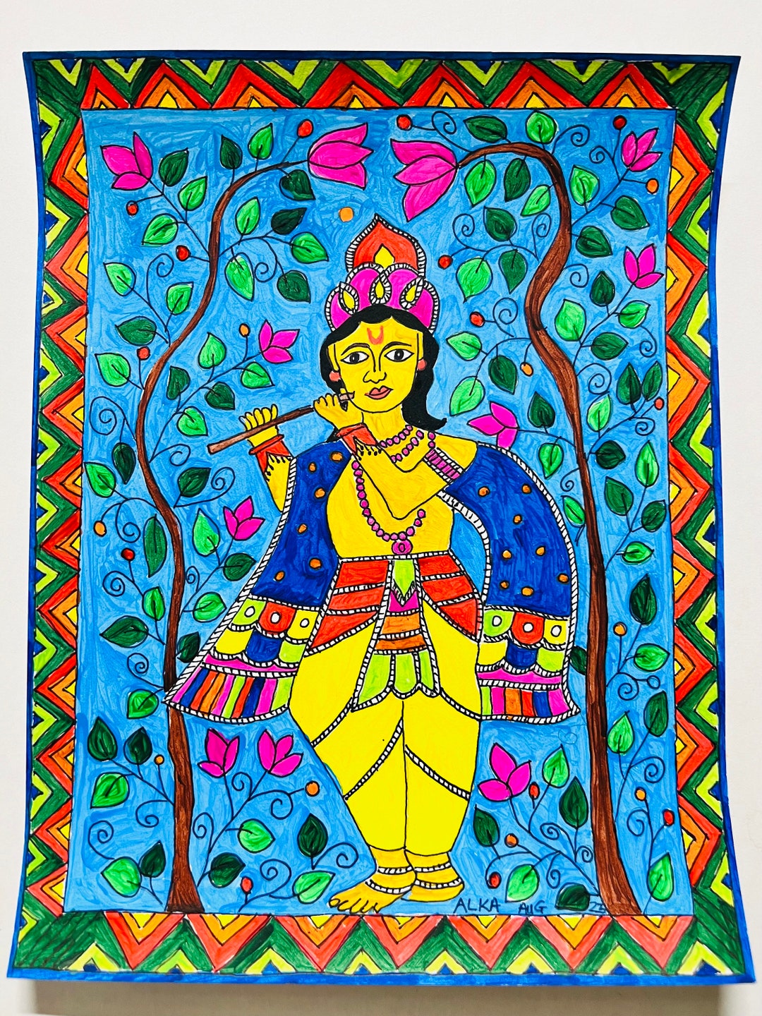Madhubani Painting Krishna Gopal Paper Artist Signed Original 8.5x11 ...