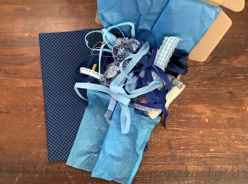 Junk Journal Kit-blue Goody Box -vintage Fabric and Ribbons-box of Blue ...