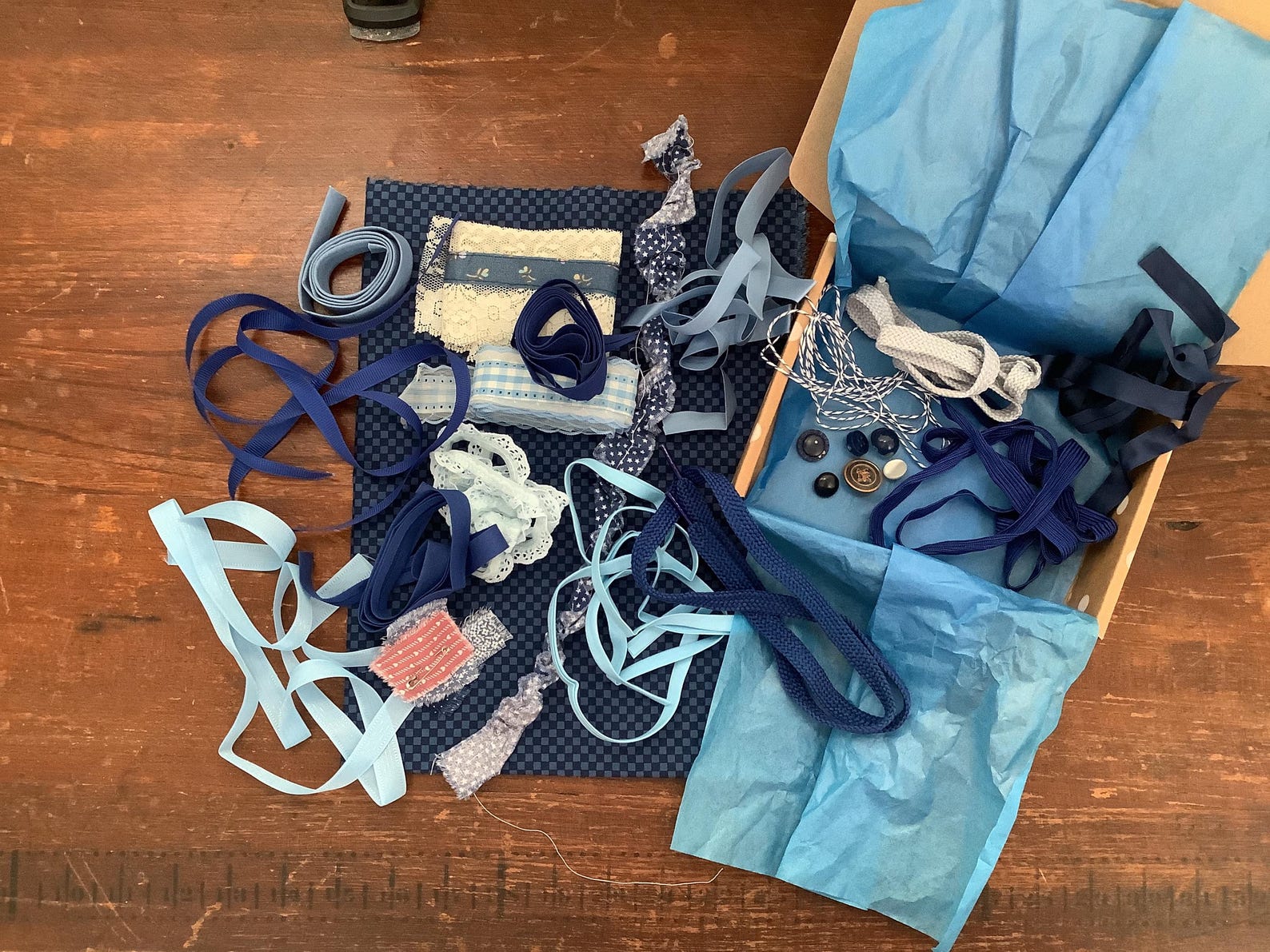 Junk Journal Kit-blue Goody Box -vintage Fabric and Ribbons-box of Blue ...