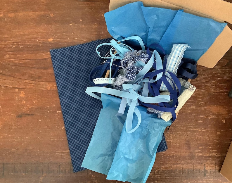 Junk Journal Kit-blue Goody Box -vintage Fabric and Ribbons-box of Blue ...