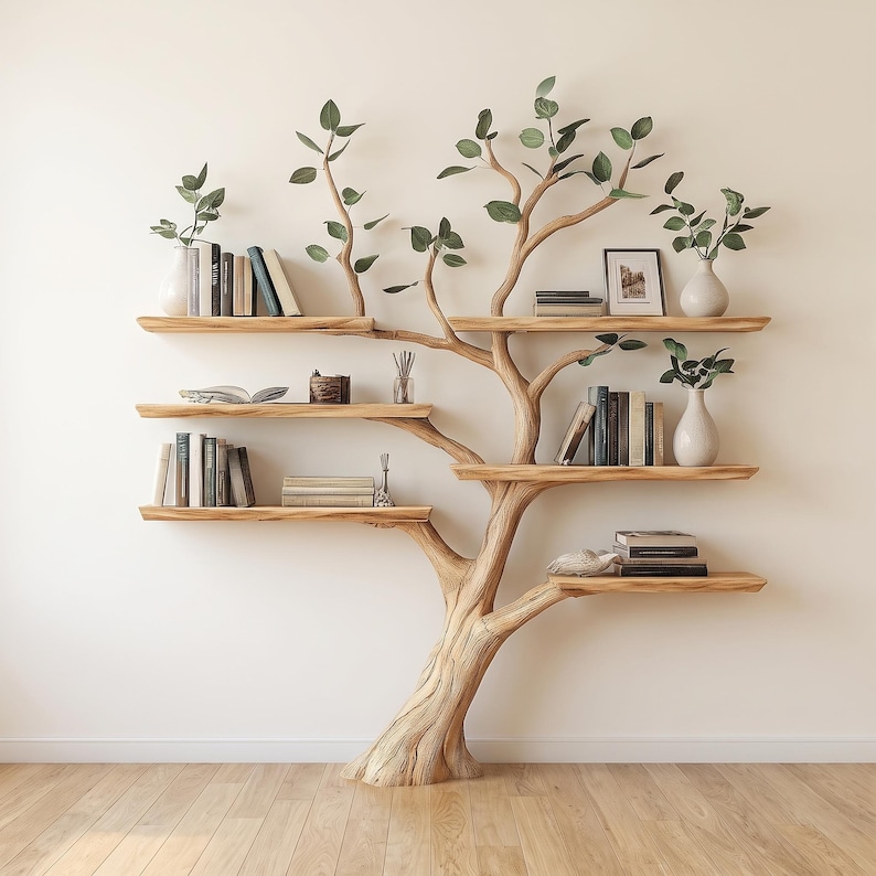 Organic Tree Bookshelf, Wall Mounted Wooden Display Shelf, Sculptural ...