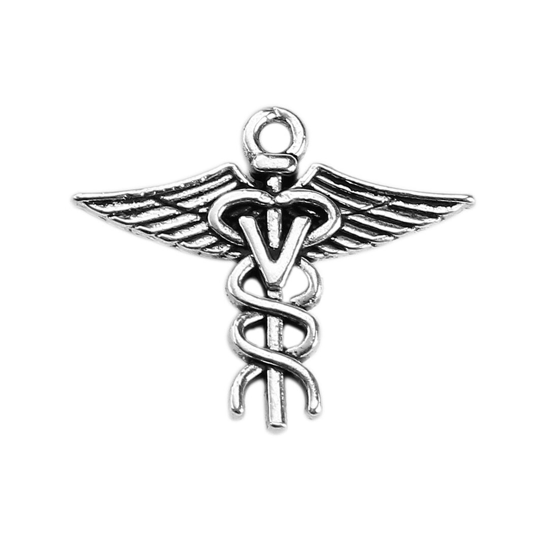 2 Pieces Antique Silver V (vet) Caduceus Charms, 25mm( 1") X 20mm( 6/8 ...