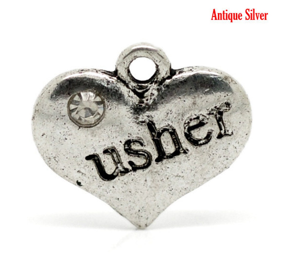 1 Piece Antique Silver Rhinestone "usher" Wedding Heart Charm - Etsy