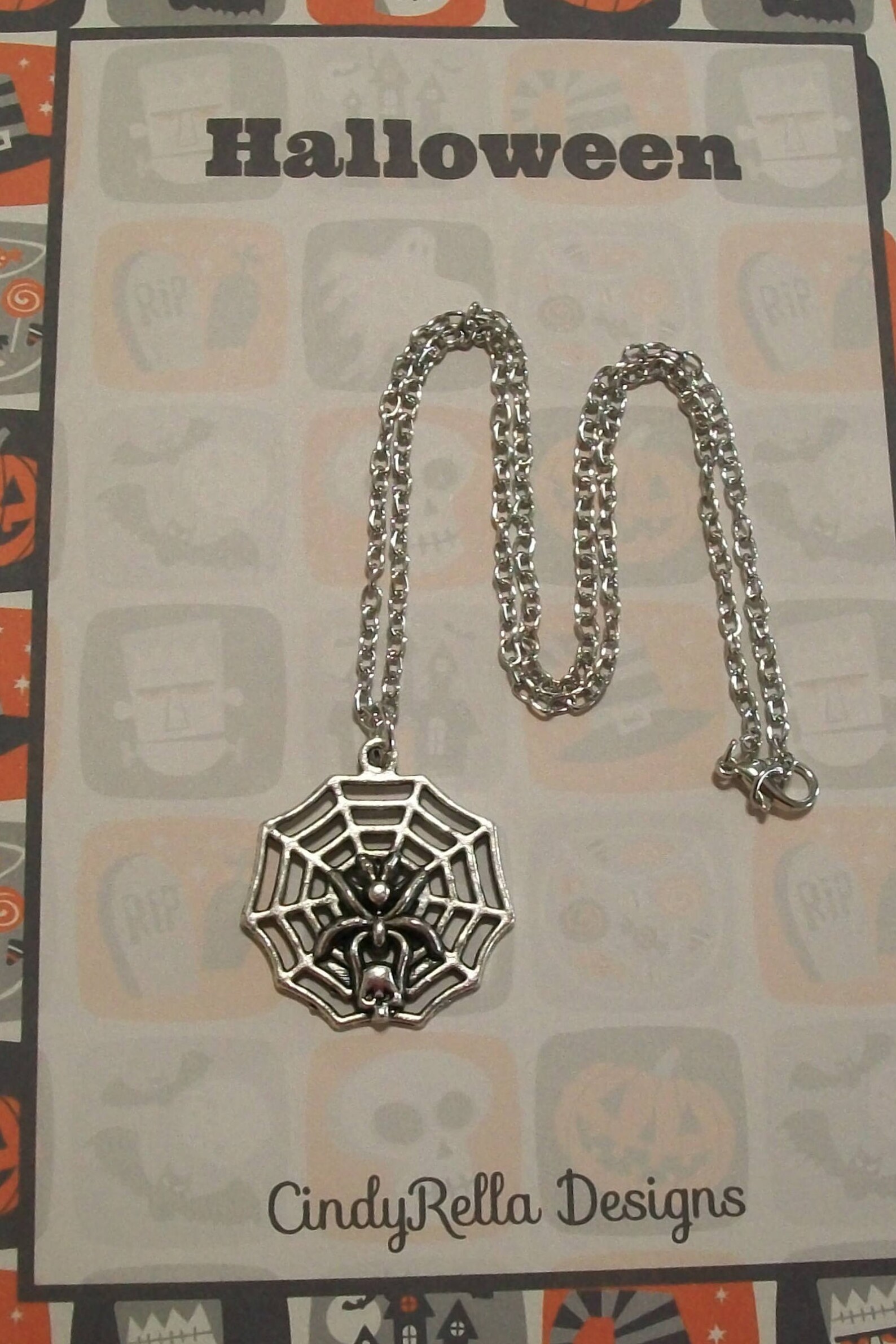 Cute Antique Silver Gothic Spider Web Halloween Charm Necklace | Etsy