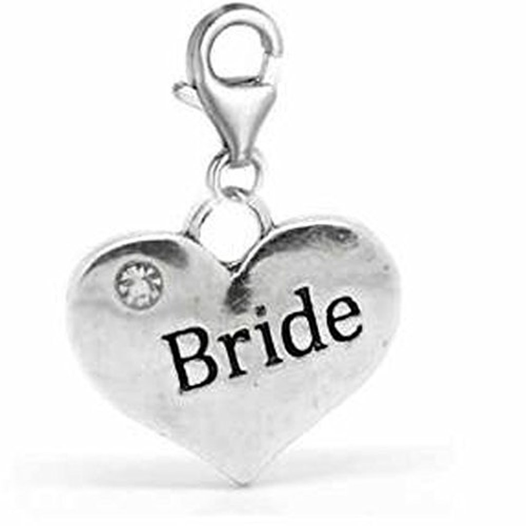 1 Piece Antique Silver Clip on "bride" Rhinestone Wedding Heart Charm ...