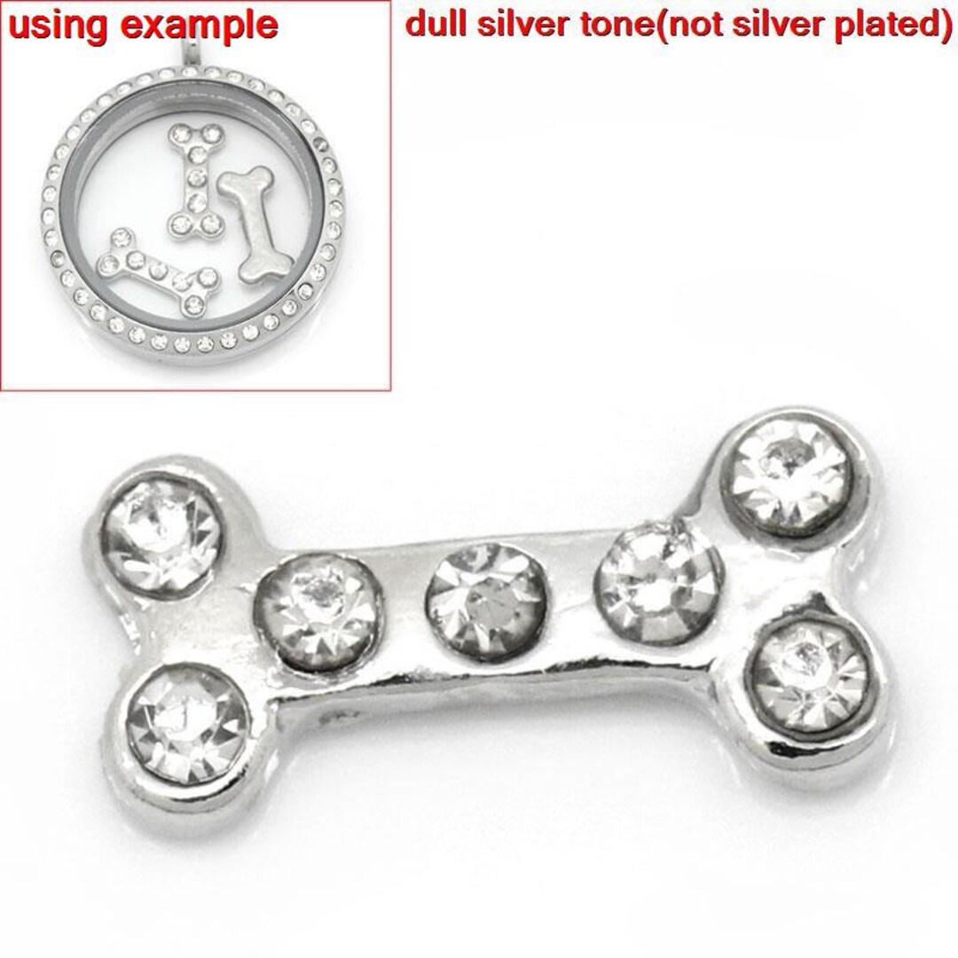 2 Pieces Silver Tone Clear Rhinestone Dog Bone Floating Locket Charms ...