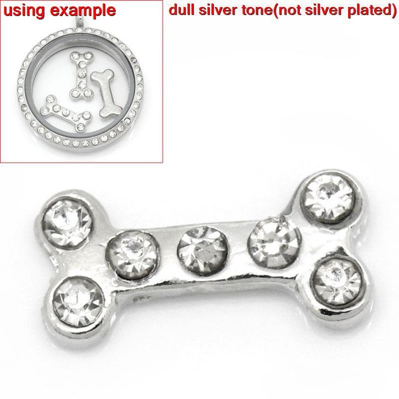 2 Pieces Silver Tone Clear Rhinestone Dog Bone Floating Locket Charms ...