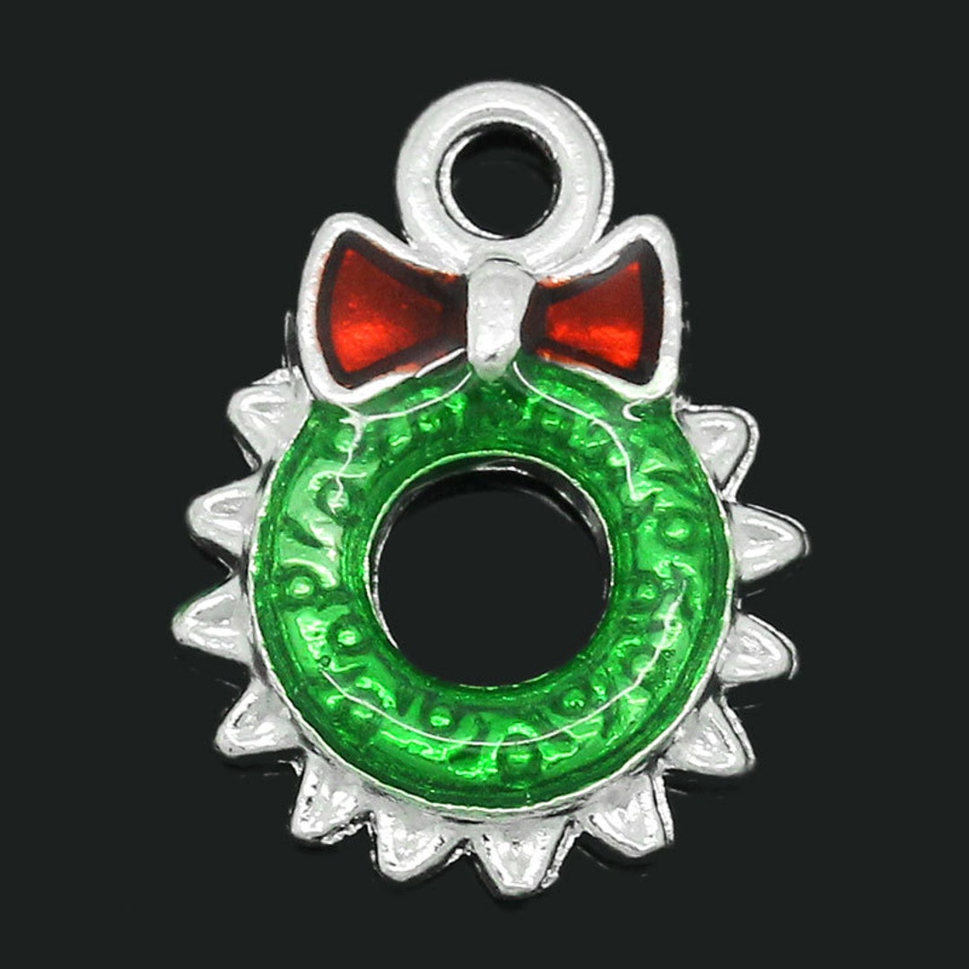 2 Pieces Silver Plated Red & Green Enamel Small Christmas Wreath Charms ...