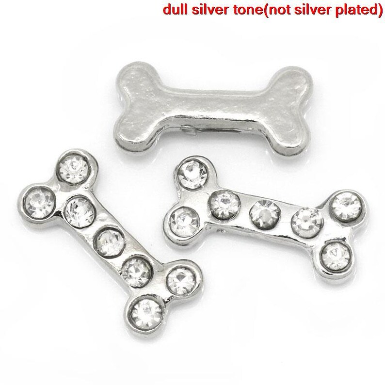2 Pieces Silver Tone Clear Rhinestone Dog Bone Floating Locket Charms ...