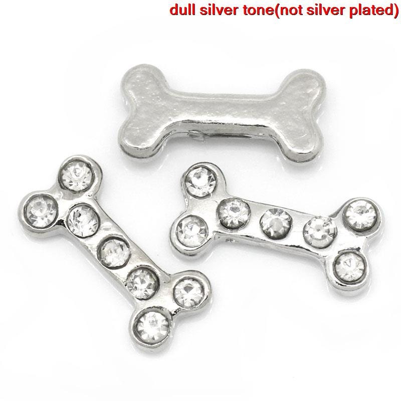 2 Pieces Silver Tone Clear Rhinestone Dog Bone Floating Locket Charms ...
