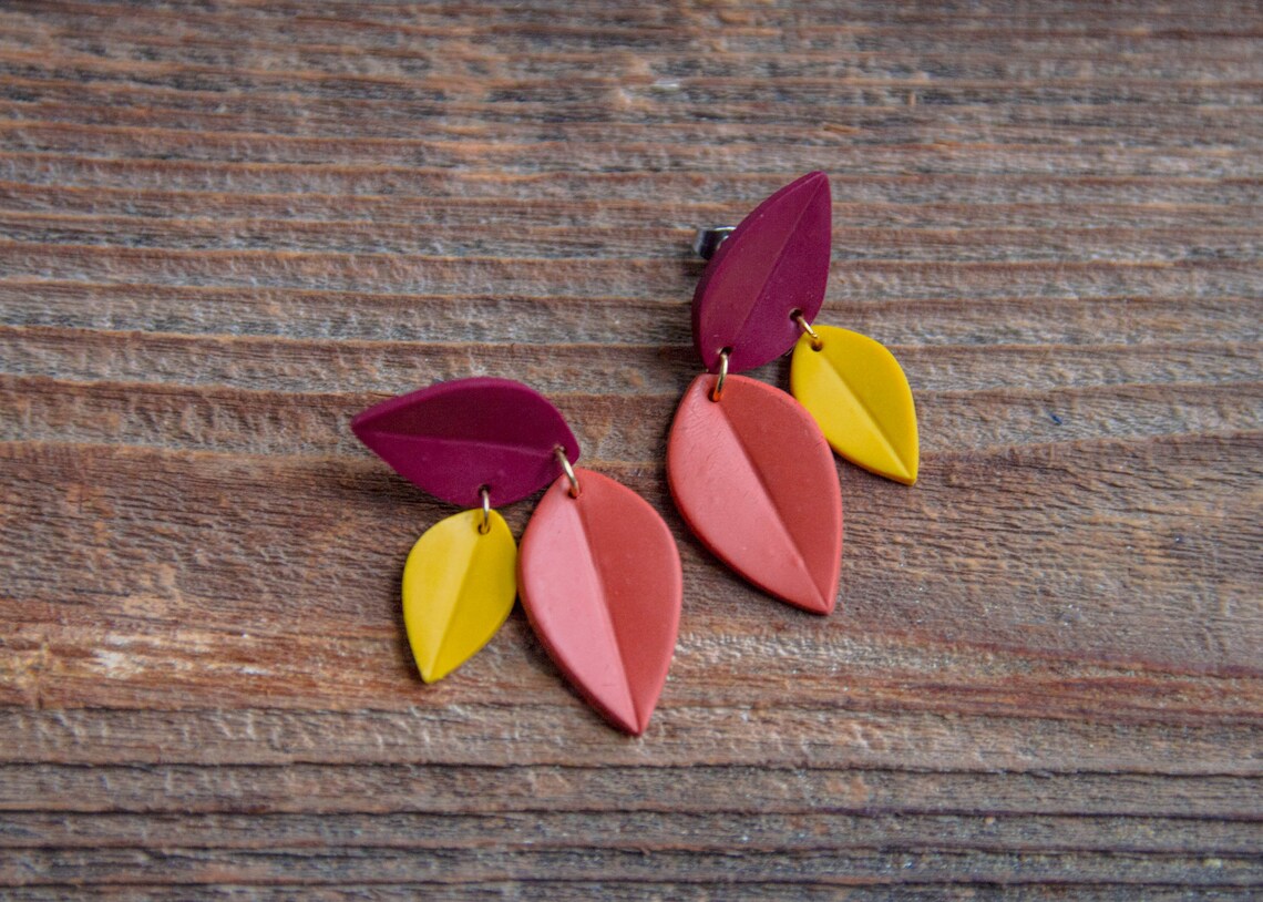 Leaf earrings in Fall Autumn colors. Burgundy Terracotta and | Etsy