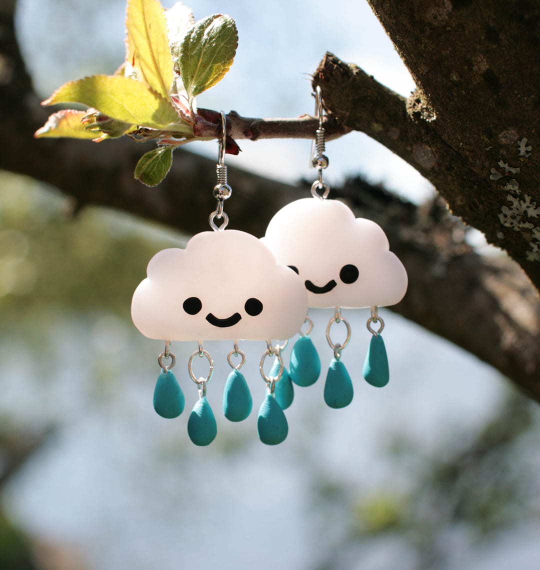 Cute and Happy Rain Cloud Earrings. Teal Turquoise Droplets. Polymer ...