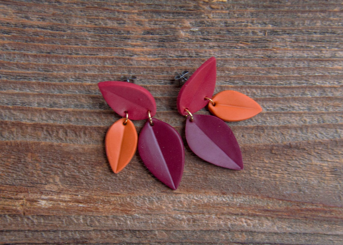 Leaf earrings in Fall Autumn colors. Burgundy Terracotta and | Etsy