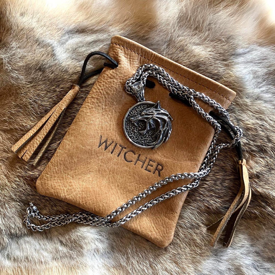 Witcher White Wolf Medallion Pendant: Hand-aged Steel, Leather Pouch ...