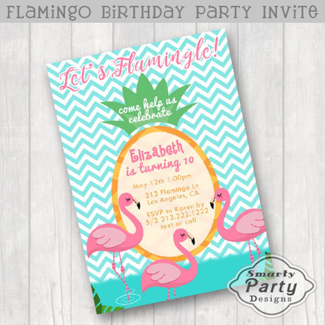 Flamingo Birthday Party Invitations Invite Tropical Summer Pineapple ...
