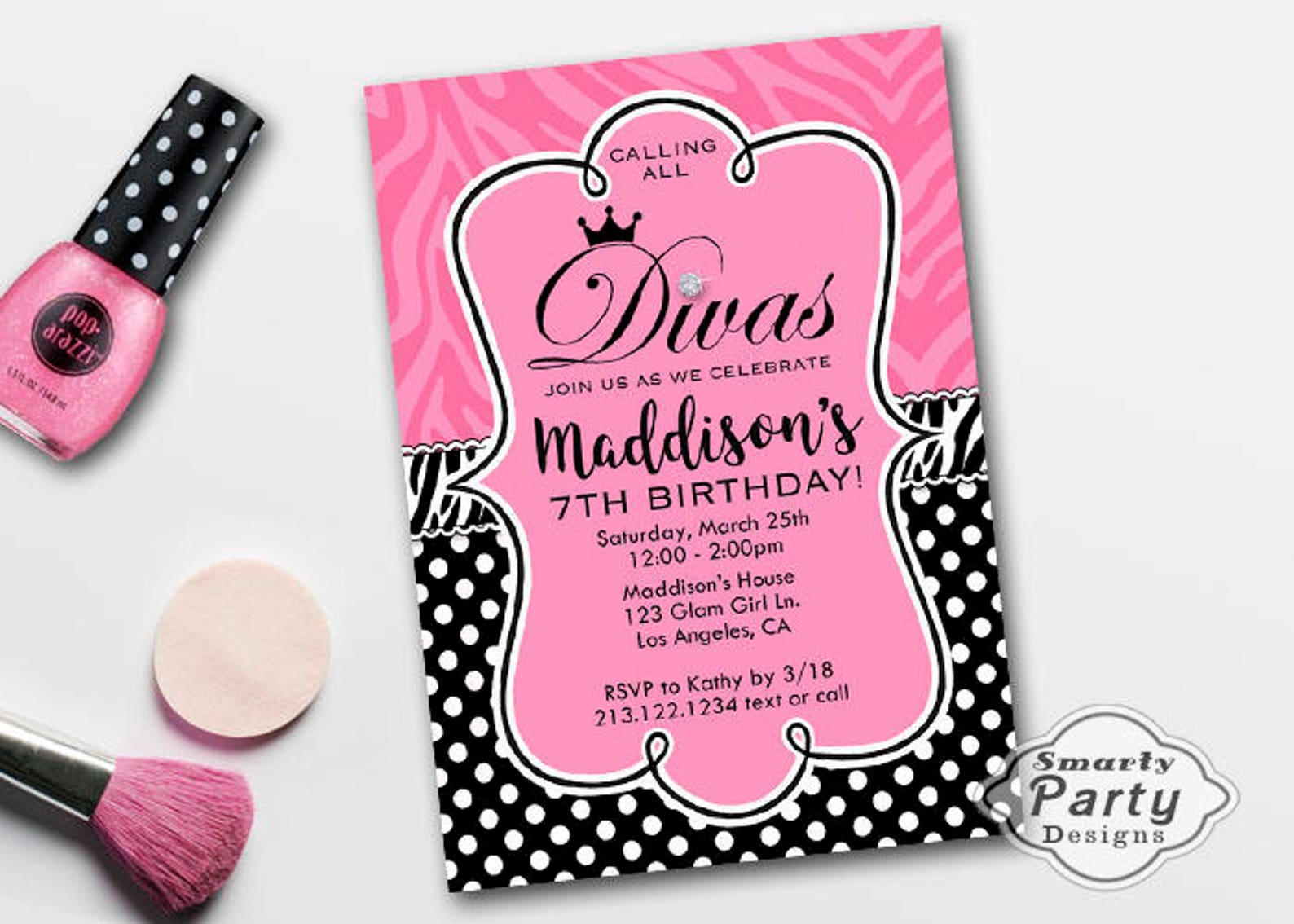 Diva Girl Birthday Party Invitation: Pink Zebra, Polka Dot (digital ...