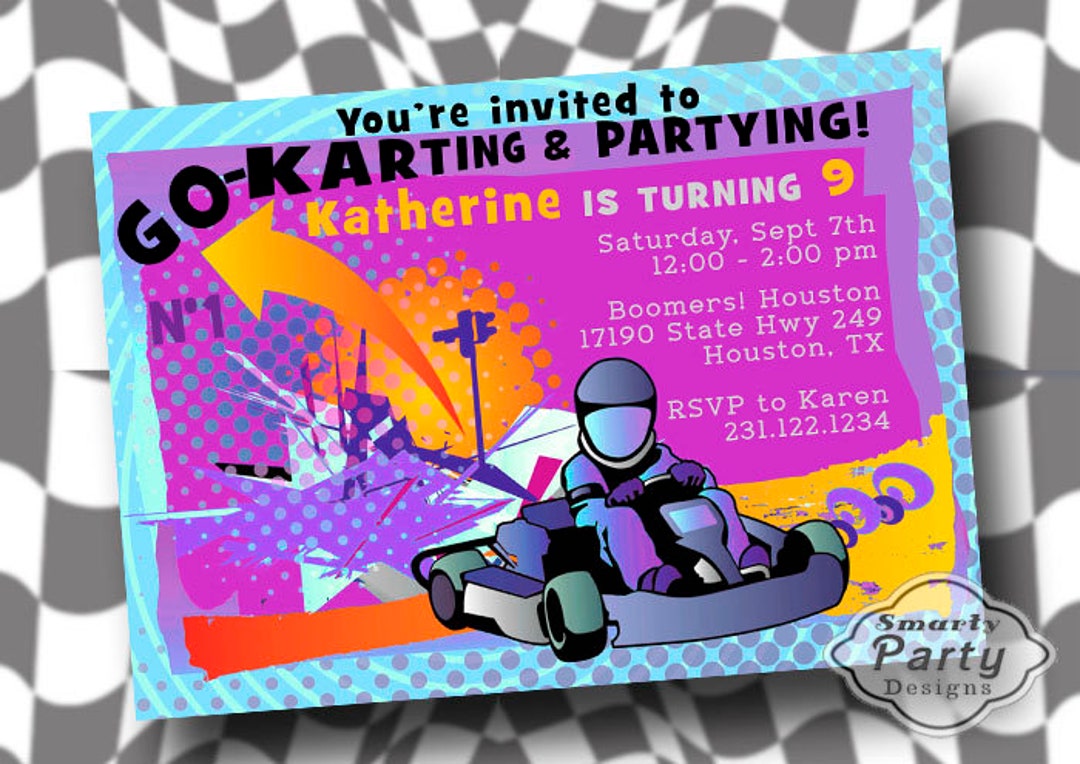 Go Kart Girl Birthday Party Invitation: Blue, Orange, Purple (digital ...
