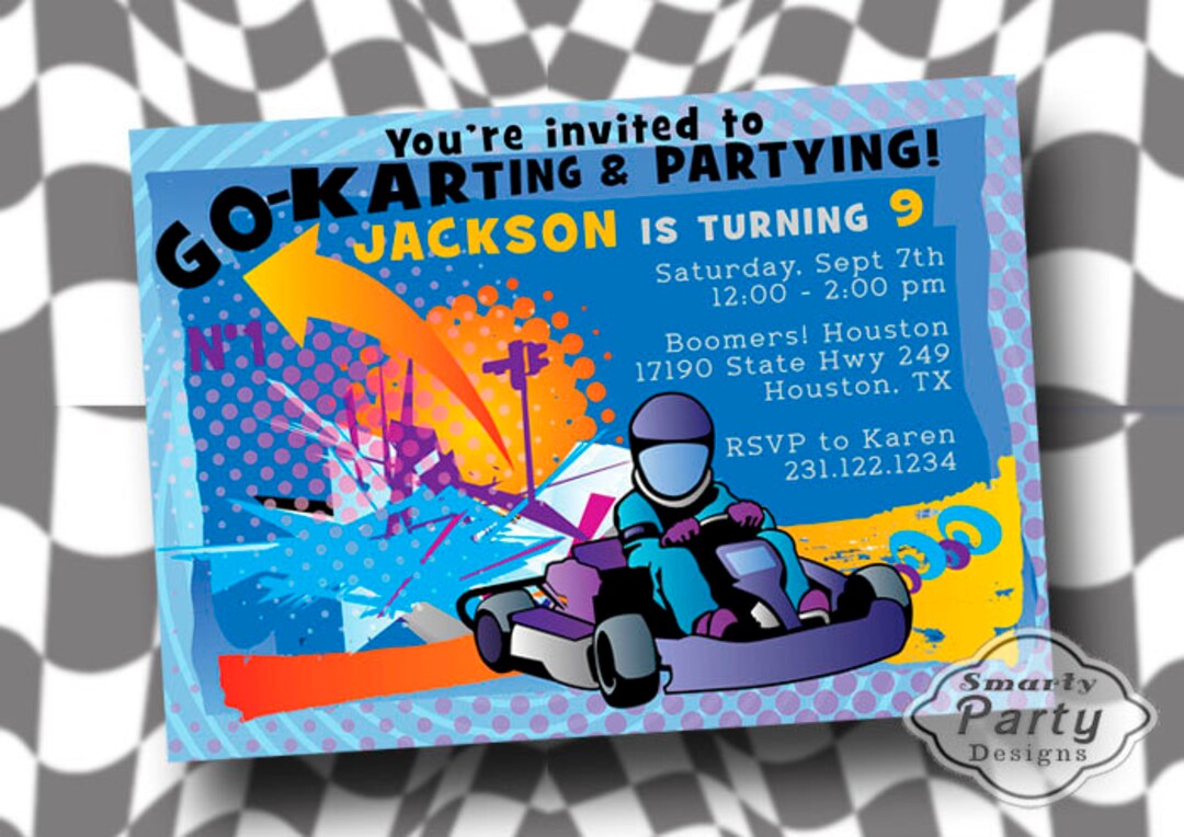 Go Kart Boy Birthday Party Invite Invitation Blue Orange Purple Digital ...