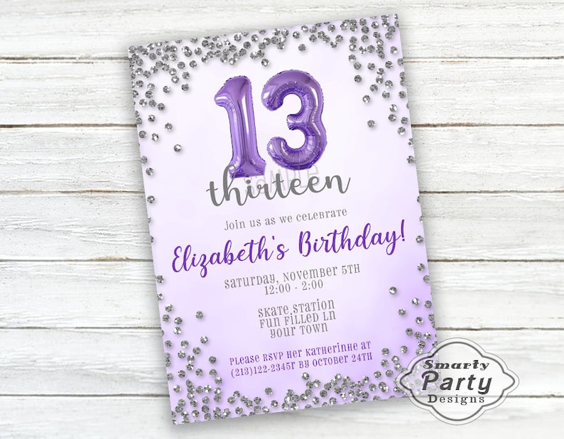 Tween Girl Birthday Invitation Purple Balloons Silver Glitter - Etsy