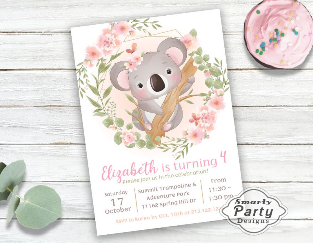 Cute Koala Bear Floral Birthday Party Invitations Invite Printable ...
