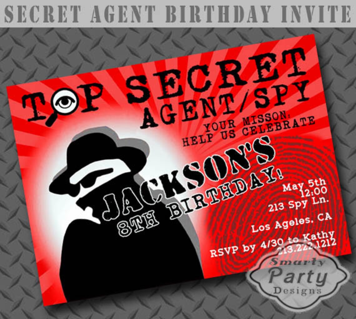 Secret Agent Spy Birthday Party Invite Invitation Red Black | Etsy