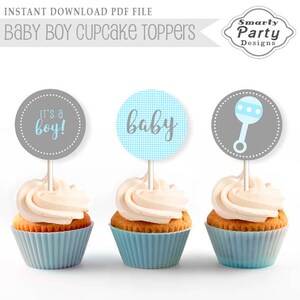 Boy Baby Shower Cupcake Toppers Blue Gray Shower Cupcake Toppers Its a ...