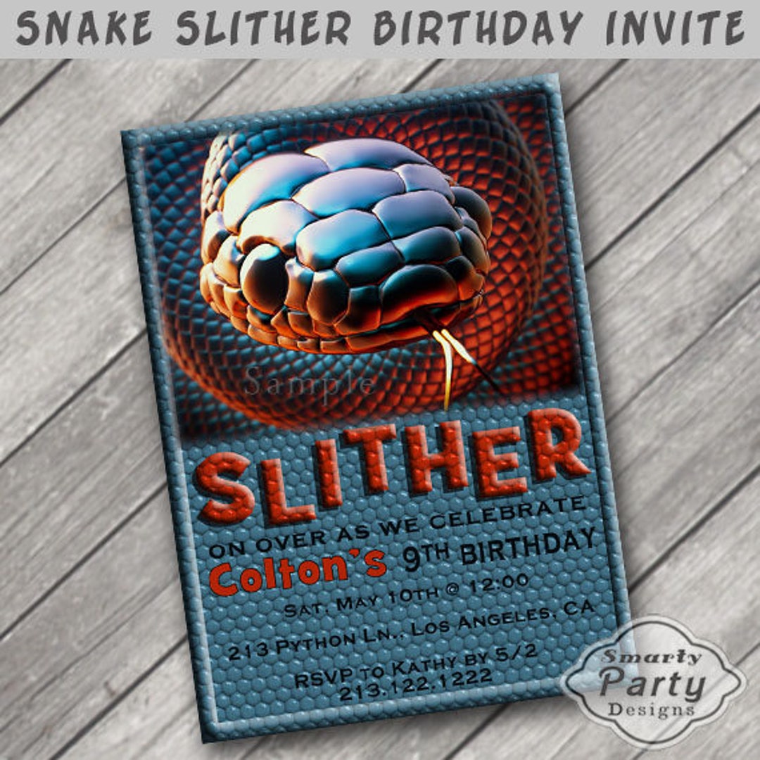 Snake Birthday Invite Printable Reptile Party Personalized Red Blue 4 X ...