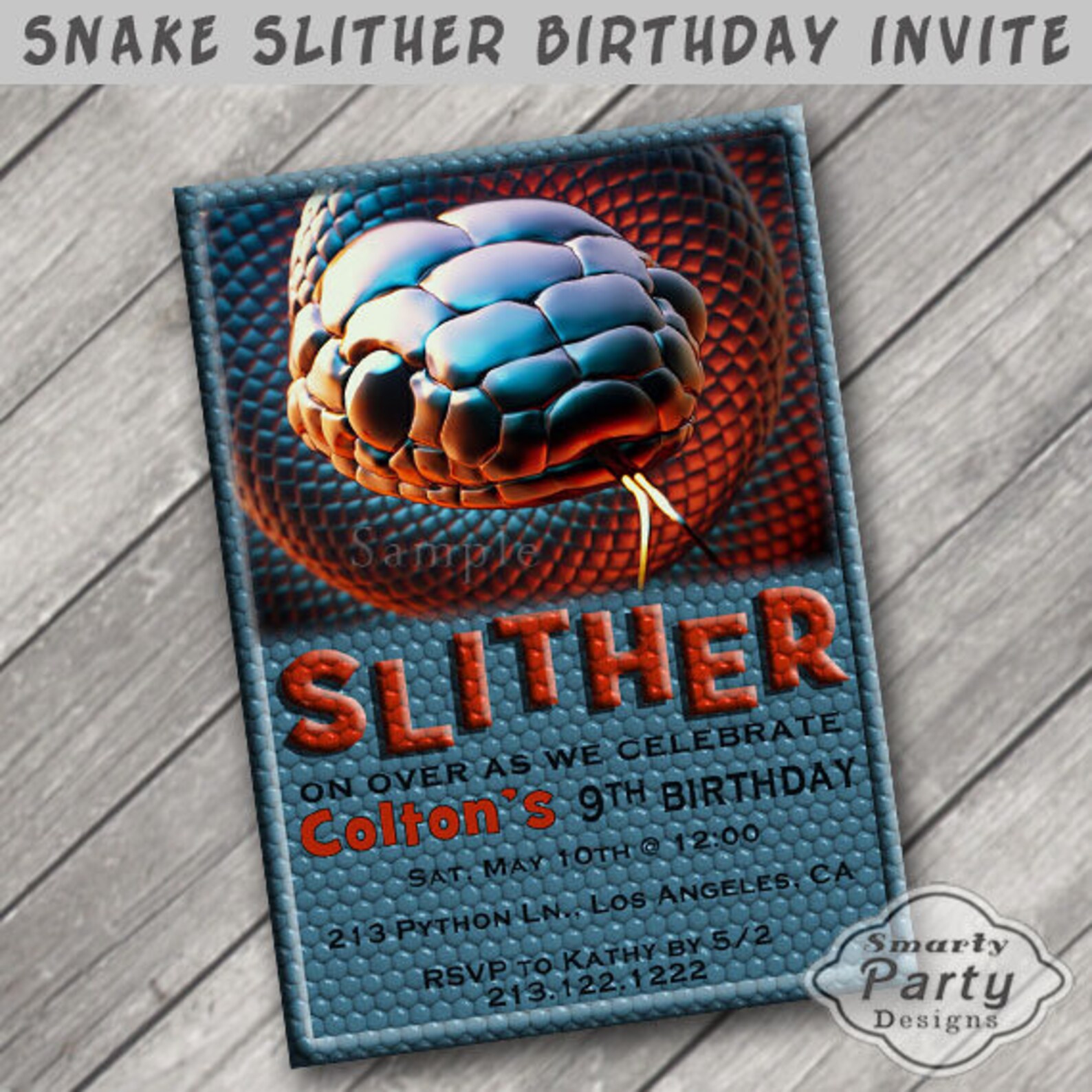Snake Birthday Invite Printable Reptile Party Personalized Red - Etsy