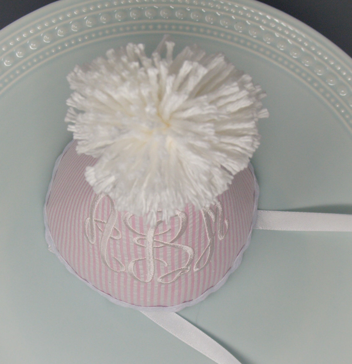 Monogrammed Pink Seersucker Party Hat With White Pompom - Etsy