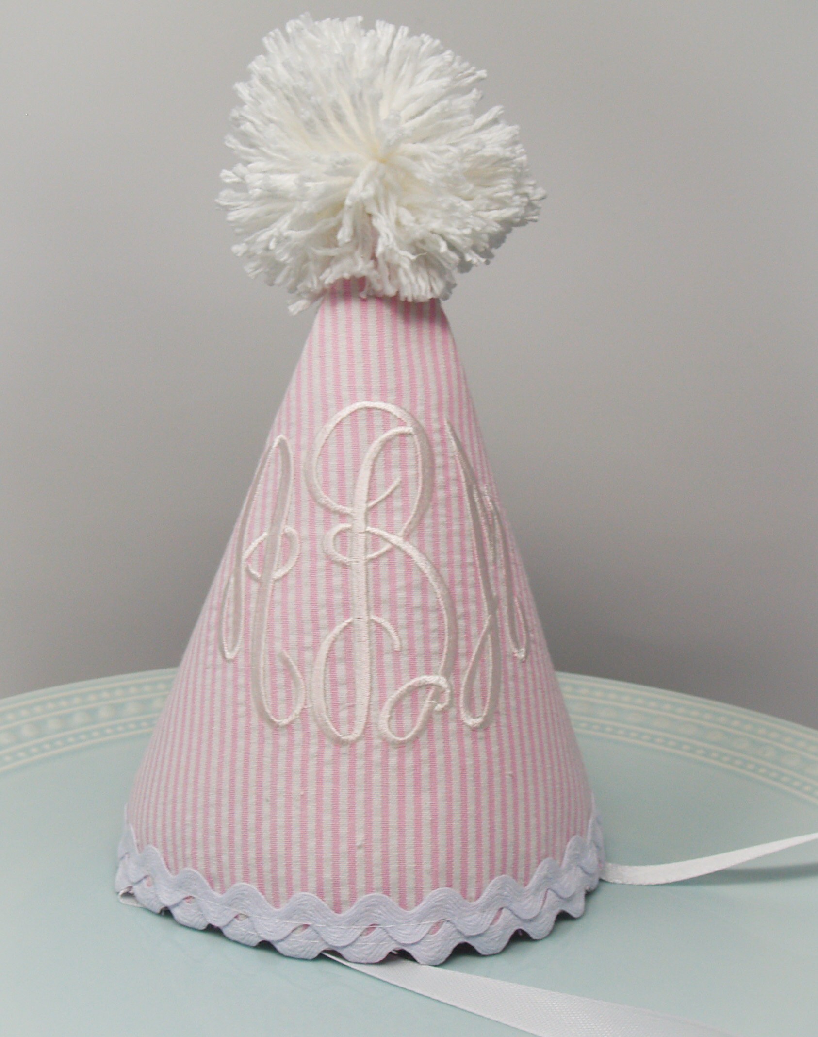 Monogrammed Pink Seersucker Party Hat With White Pompom - Etsy