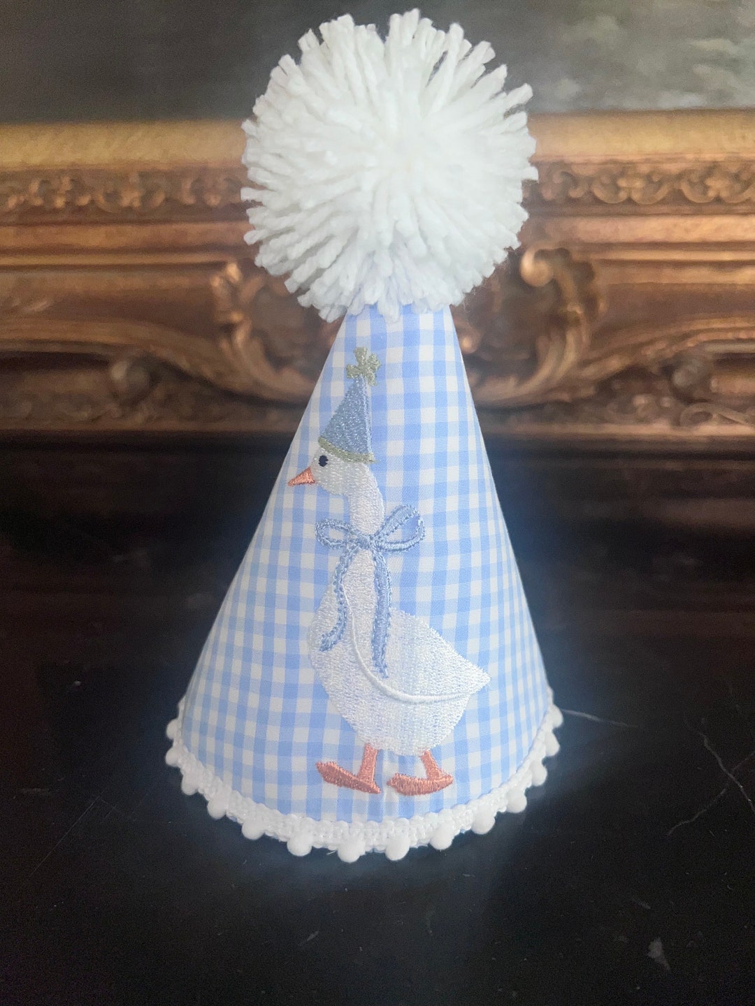 Personalized Blue Gingham Goose Birthday Party Hat - Etsy