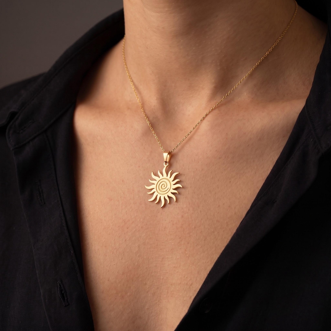 Sun Pendant Necklace, Gold Tone Celestial Jewelry, Spiral Sun Charm ...