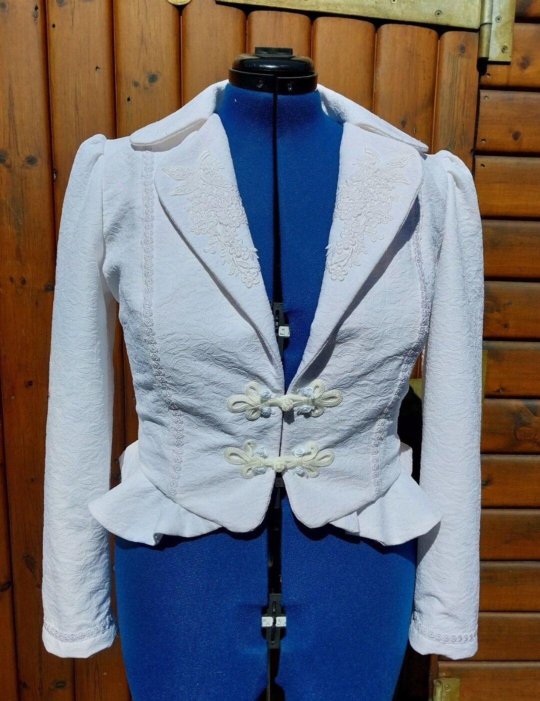 White Floral Embossed Crepe Jacket Fitted Peplum Wedding Bridal ...