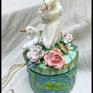 Vintage Ceramic Jewelry Box, Floral, Girl and Unicorn Decorative Mosaic ...