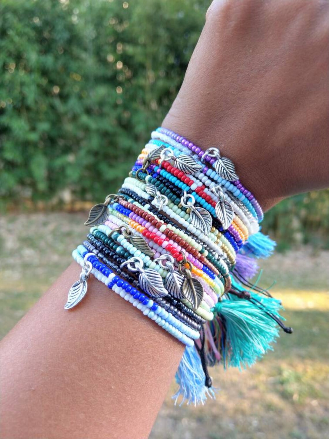 Boho Summer Seed Bead Bracelet With Tassel and Leaf Charm, White ...