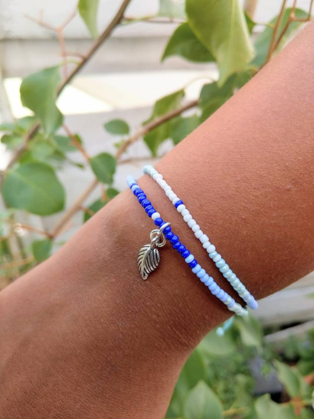Boho Summer Seed Bead Bracelet With Tassel and Leaf Charm, Blue, Hippie ...