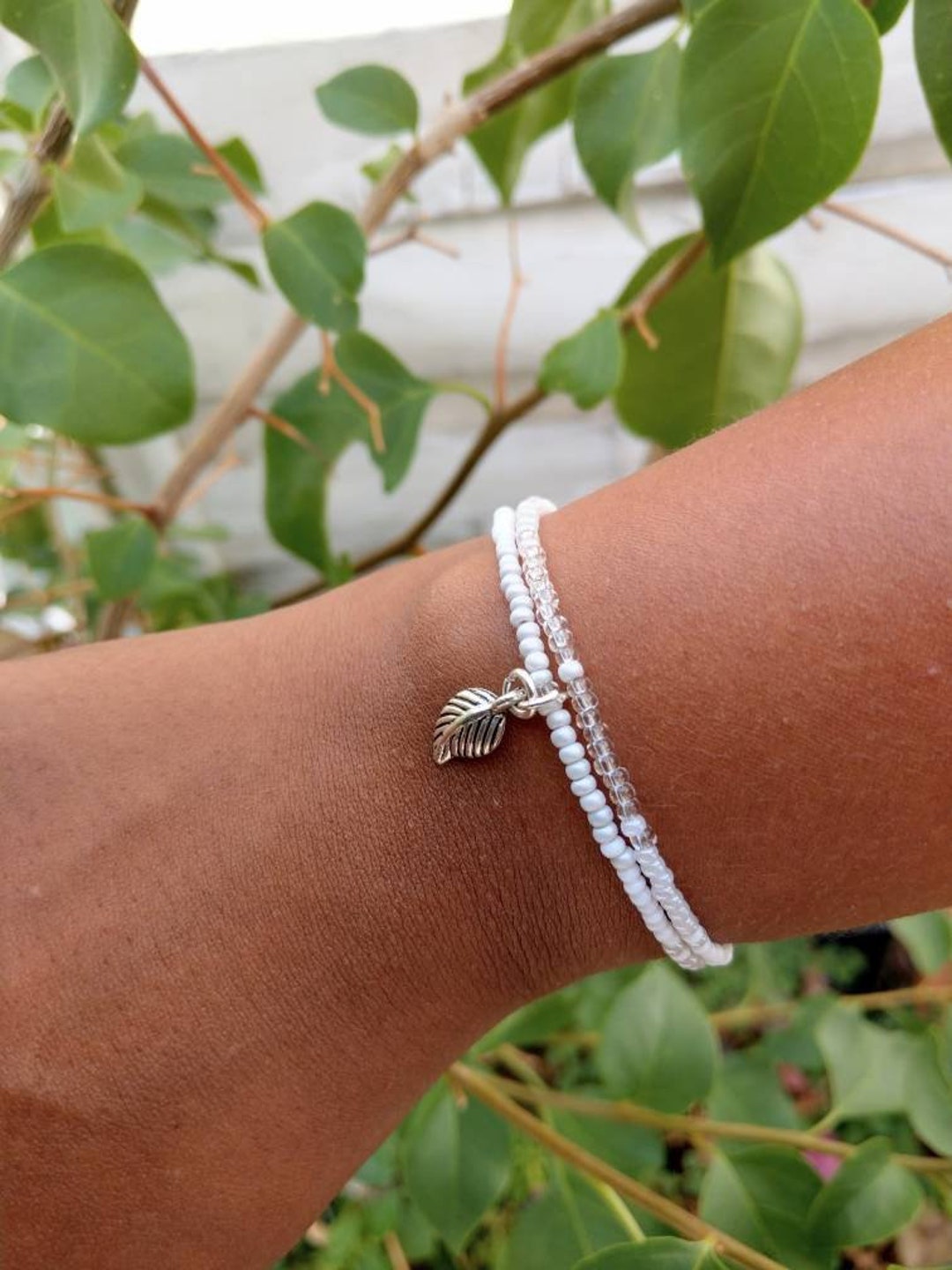 Boho Summer Seed Bead Bracelet With Tassel and Leaf Charm, White ...