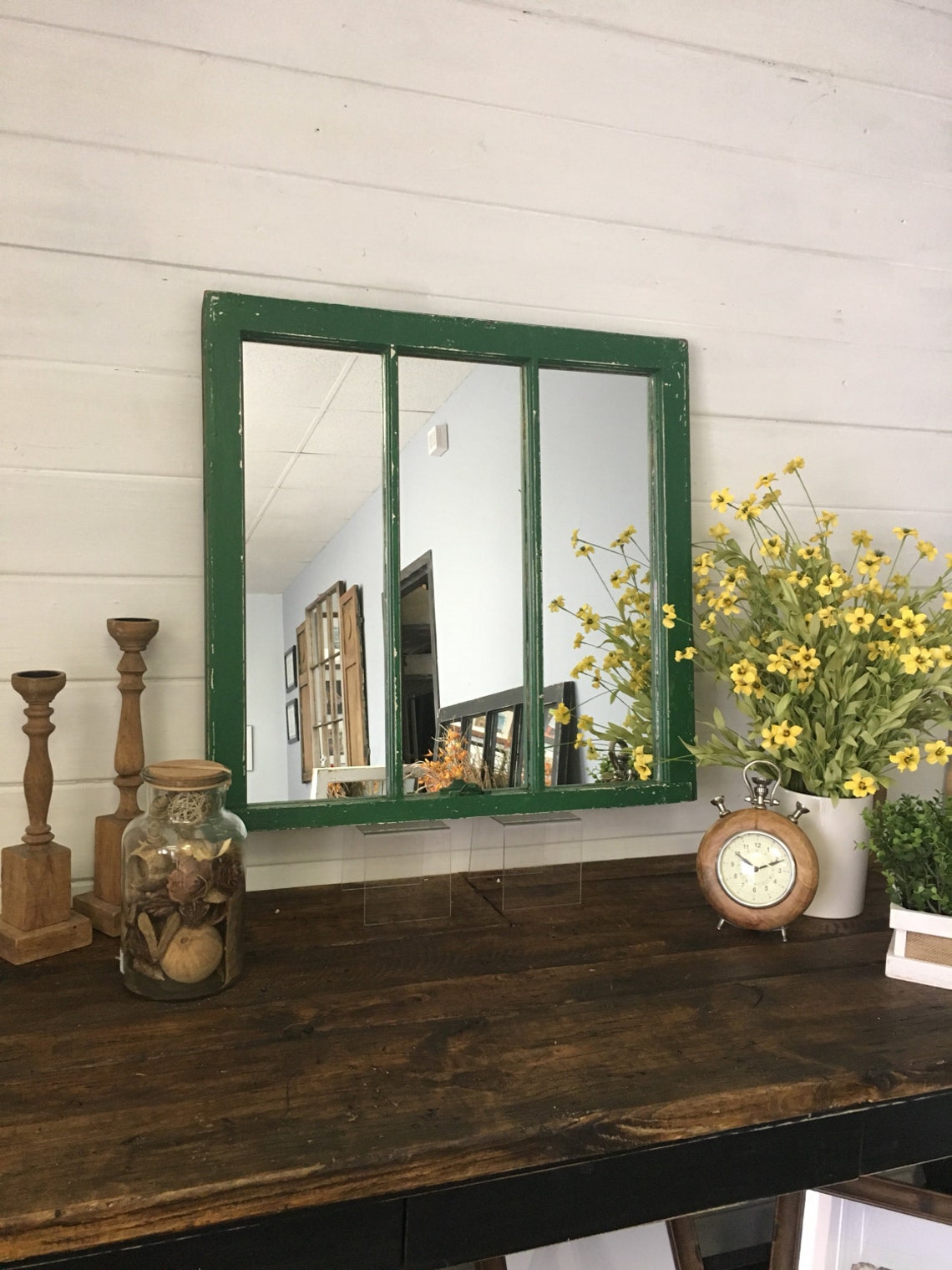 Distressed Green Barn Window Mirror made from a 1930s home. | Etsy