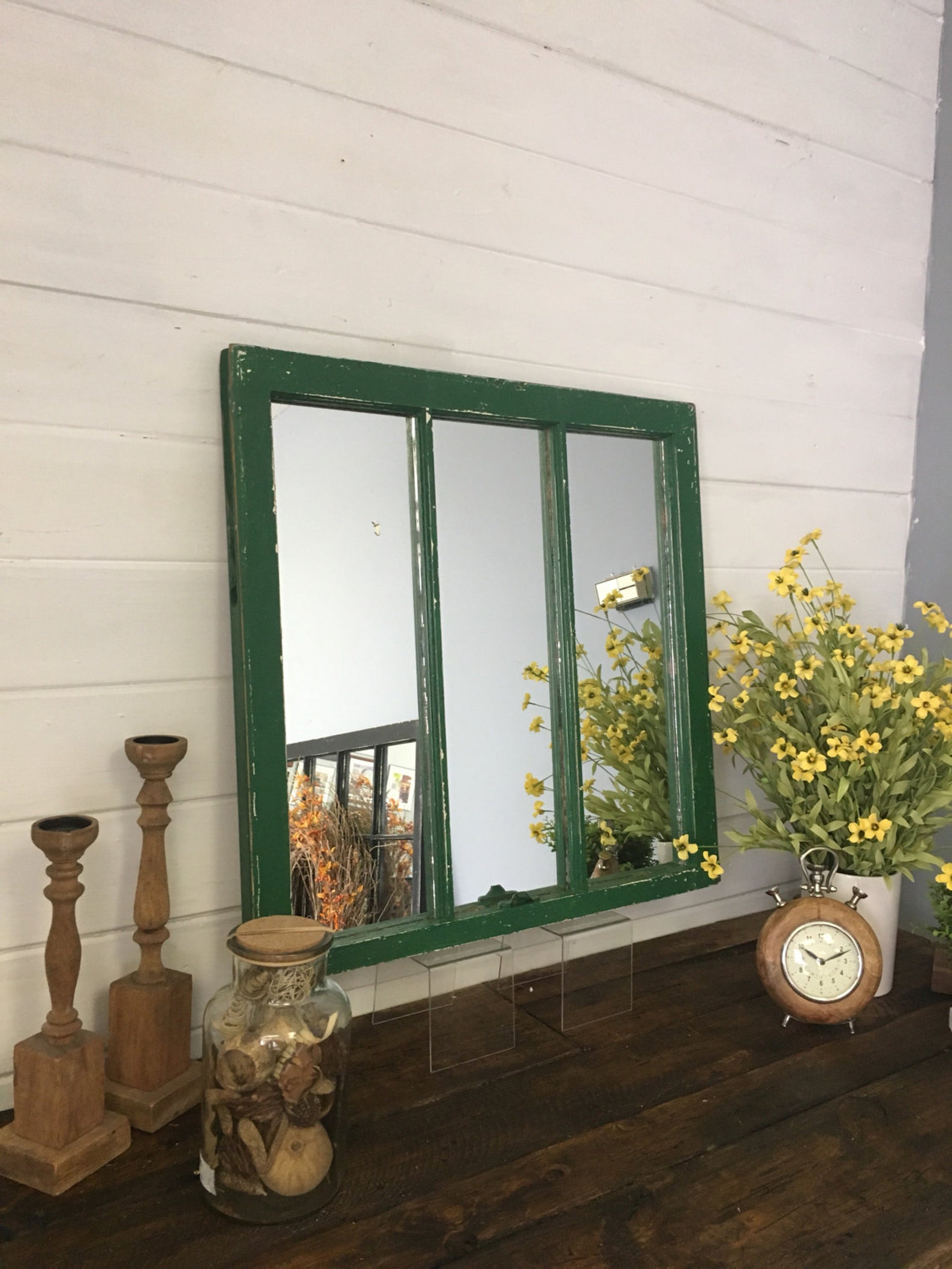 Distressed Green Barn Window Mirror made from a 1930s home. | Etsy