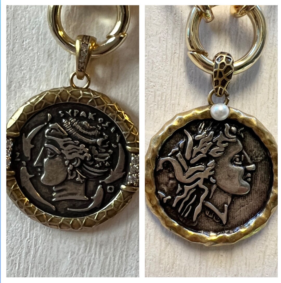 Coin Charm Coin Pendant Gold and Silver 27mm Round 2 Styles Pearl and ...