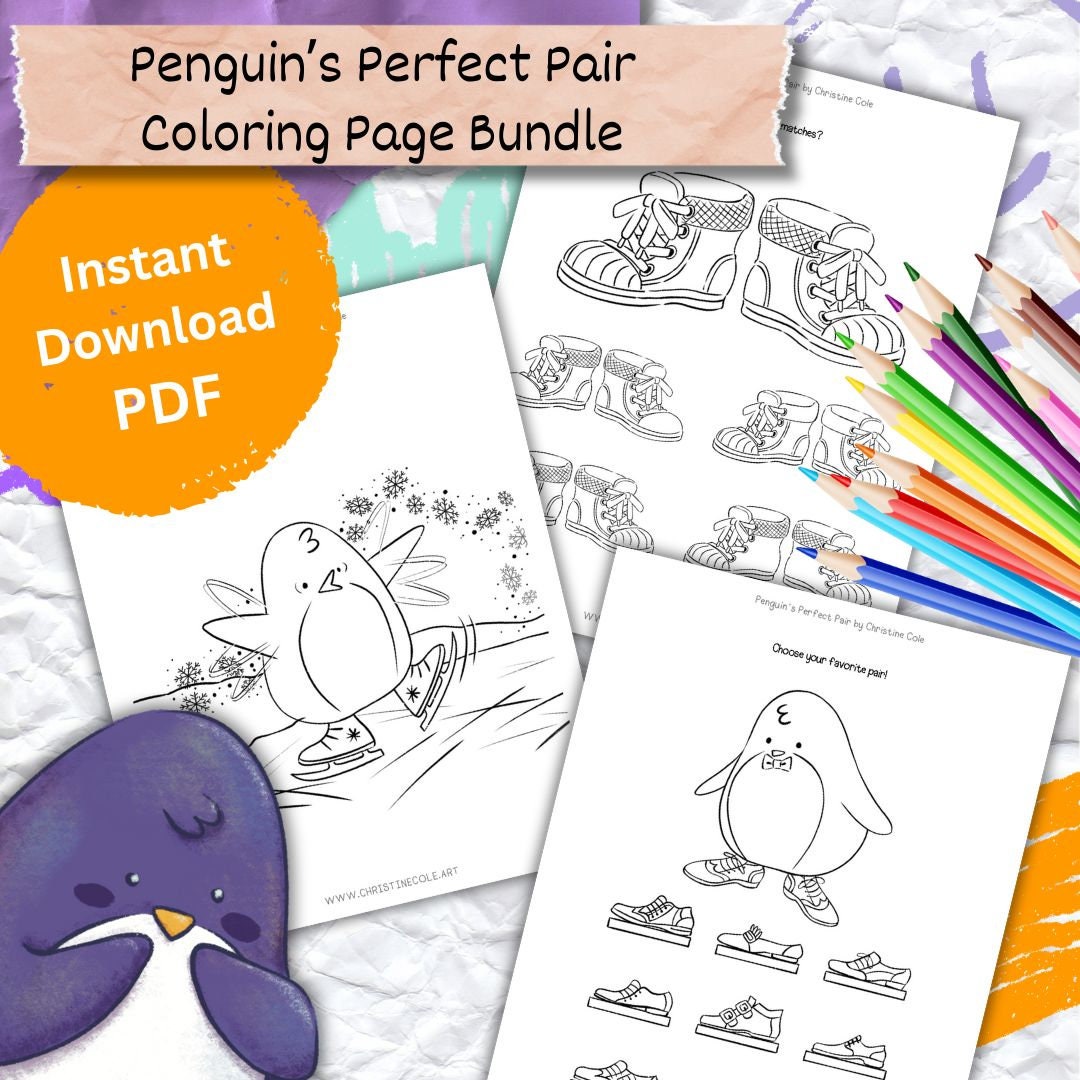 Penguin's Perfect Pair Coloring Page Bundle Set of 3 Whimsical Children ...