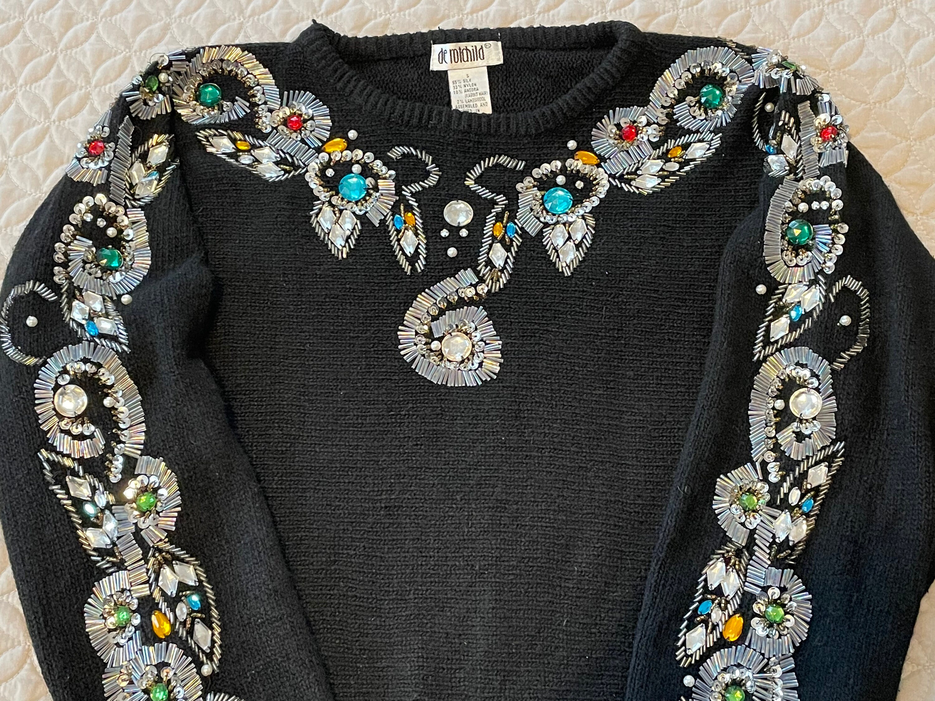 Vintage 1980s De Rotchild Beaded Sequin Black Sweater Silk With Angora Size Sm - Etsy
