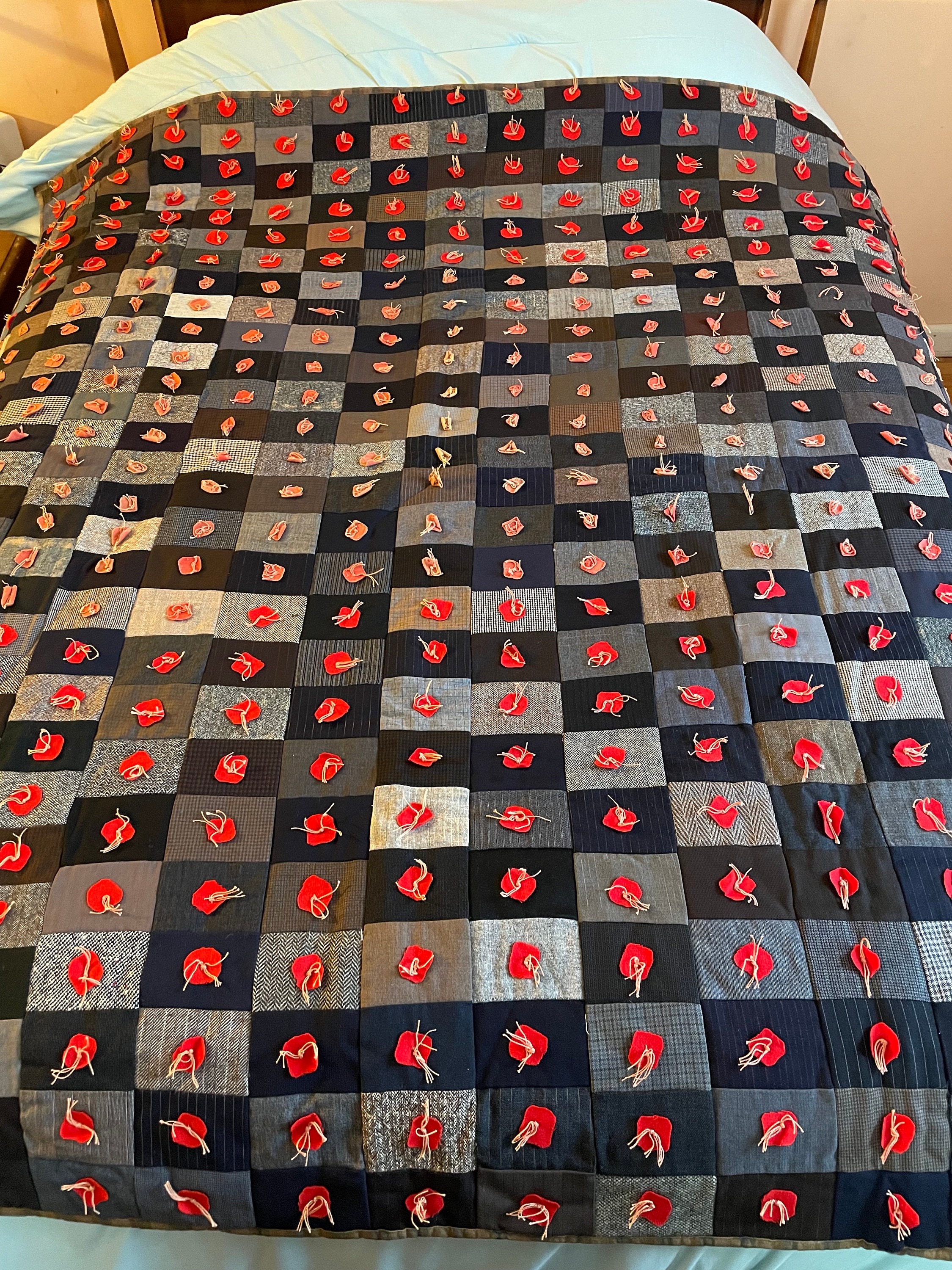 Unique 1940s Primitive Hand Tied Wool Patchwork Quilt With Red Dots ...
