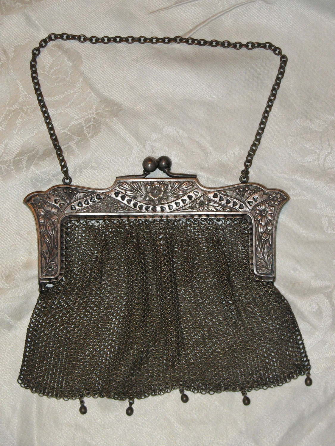 Antique MESH PURSE German Silver With Pierced Hearts Handle Art Nouveau ...