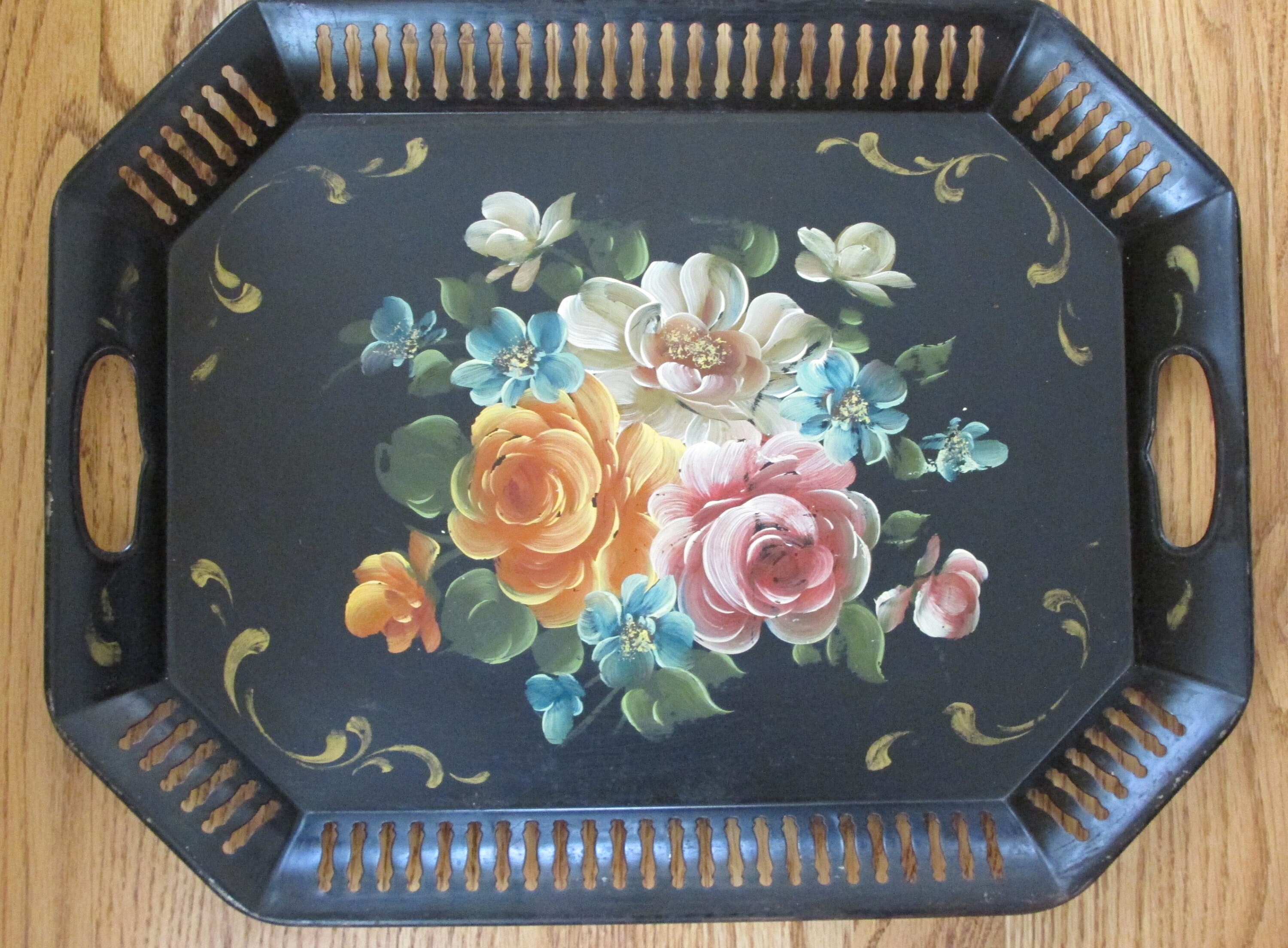 Vintage Black Octagonal Tole Tray Hand Painted Pink Blush and Orange ...
