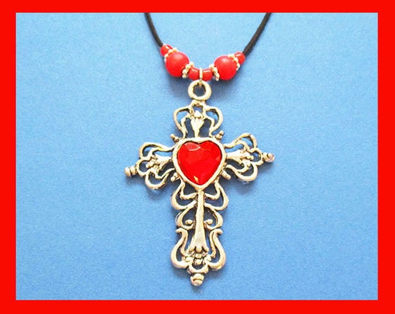 Necklace. Large Metal Cross Pendant With Red Heart. Matching | Etsy