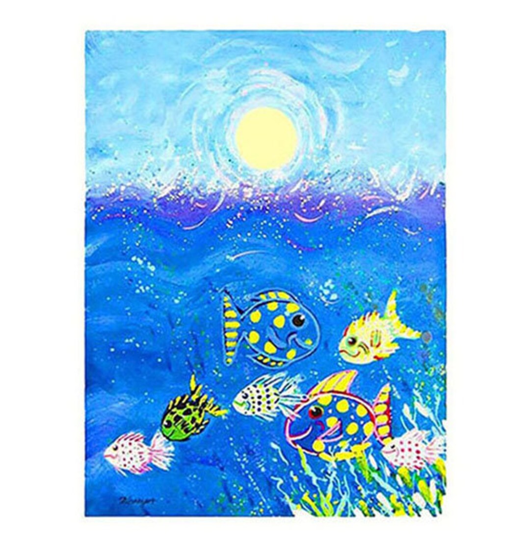 Happy Fish in the Ocean. Whimsical Art Print. How Blue the Sea, How ...